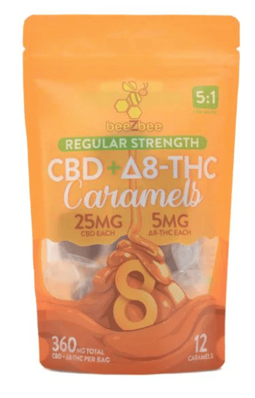 D8 THC Caramels - 5:1 Regular strength 25mg Full spectrum CBD + 5mg ...